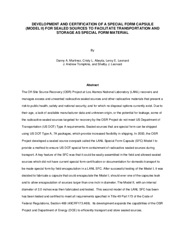(PDF) Development and Certification of a Special Form Capsule (Model II ...