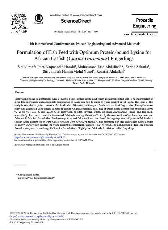 (PDF) Formulation of Fish Feed with Optimum Protein-bound Lysine for ...