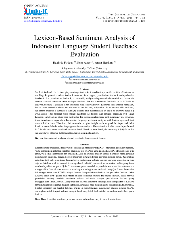 (PDF) Lexicon-Based Sentiment Analysis of Indonesian Language Student Feedback Evaluation
