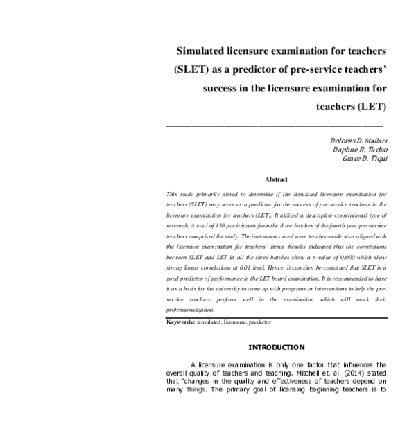(PDF) Simulated licensure examination for teachers (SLET) as a ...