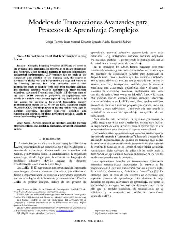 (PDF) Modelos de Transacciones Avanzados para Procesos de Aprendizaje Complejos