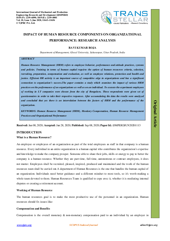 (PDF) Impact of Human Resource Components on Organizational Performance, Research Analysis