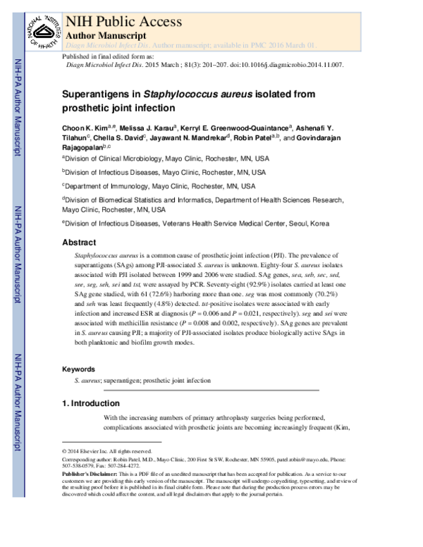 (PDF) Superantigens in Staphylococcus aureus isolated from prosthetic joint infection