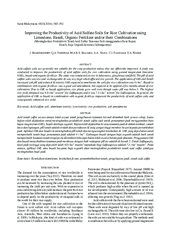 (PDF) Improving the productivity of acid sulfate soils for cultivation ...
