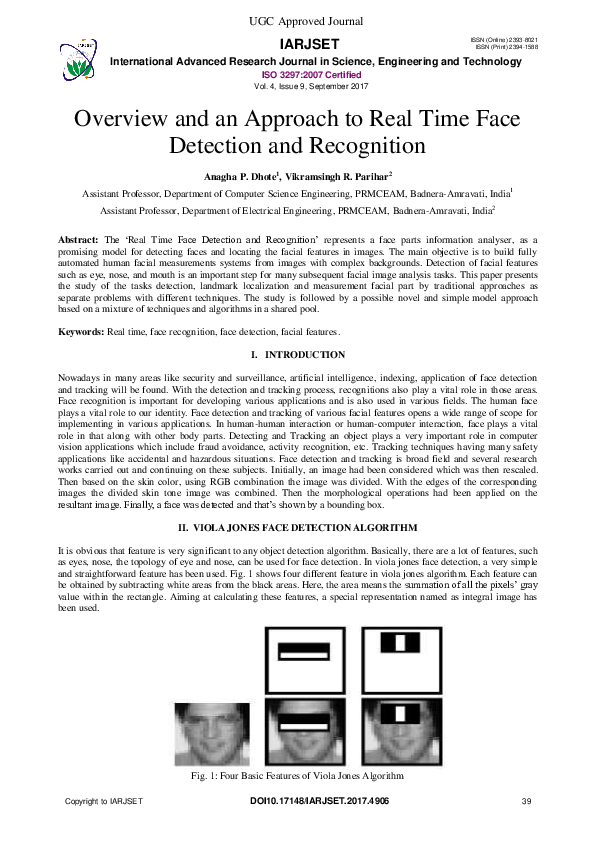 (PDF) Overview and an Approach to Real Time Face Detection and Recognition