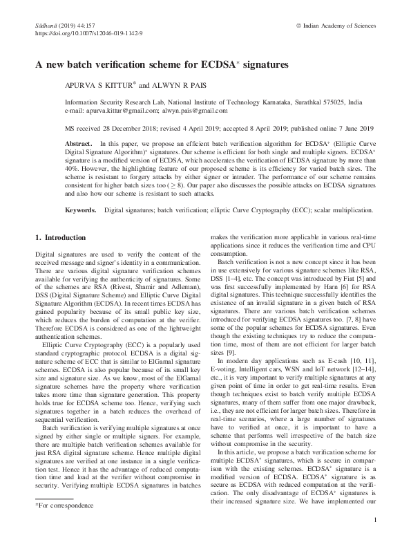 (PDF) A new batch verification scheme for ECDSA$$^*$$ signatures | Alwyn Pais - Academia.edu