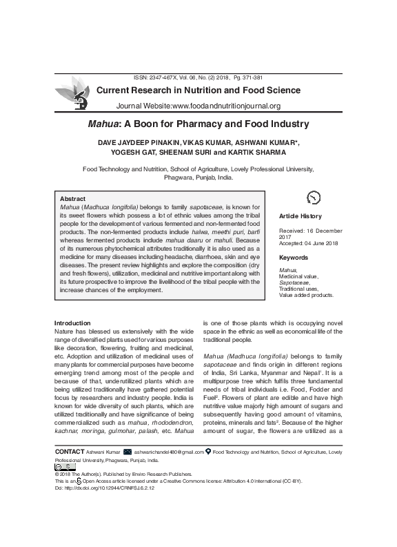 (PDF) Mahua: A boon for Pharmacy and Food Industry