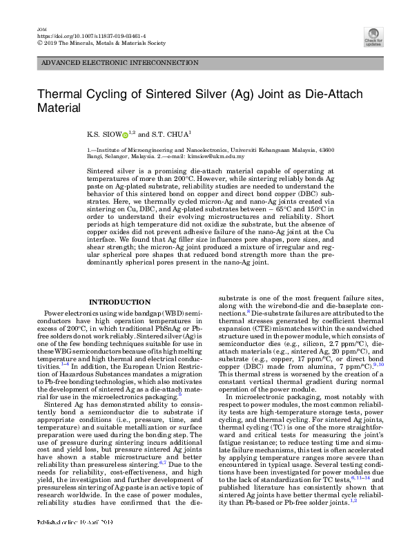 (PDF) Thermal Cycling of Sintered Silver (Ag) Joint as Die-Attach Material