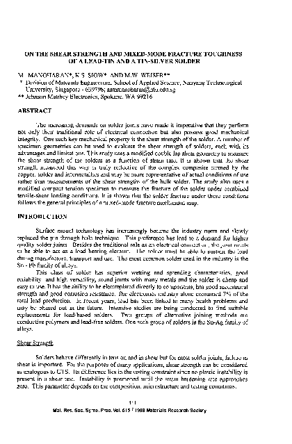 (PDF) On the Shear Strength and Mixed-mode Fracture Toughness of a Lead ...