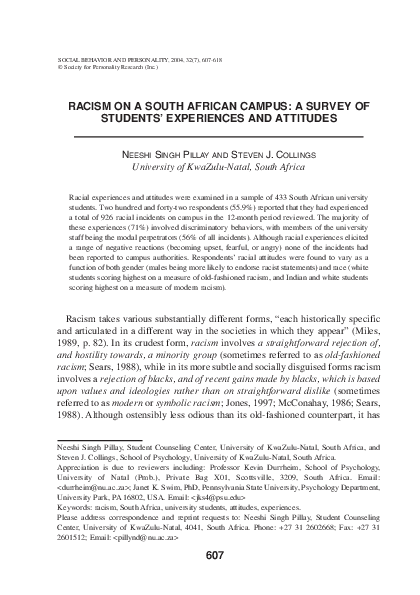 (PDF) Racism on a South African Campus: A Survey of Students' Experiences and Attitudes