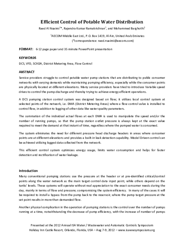 (PDF) Efficient Control of Potable Water Distribution