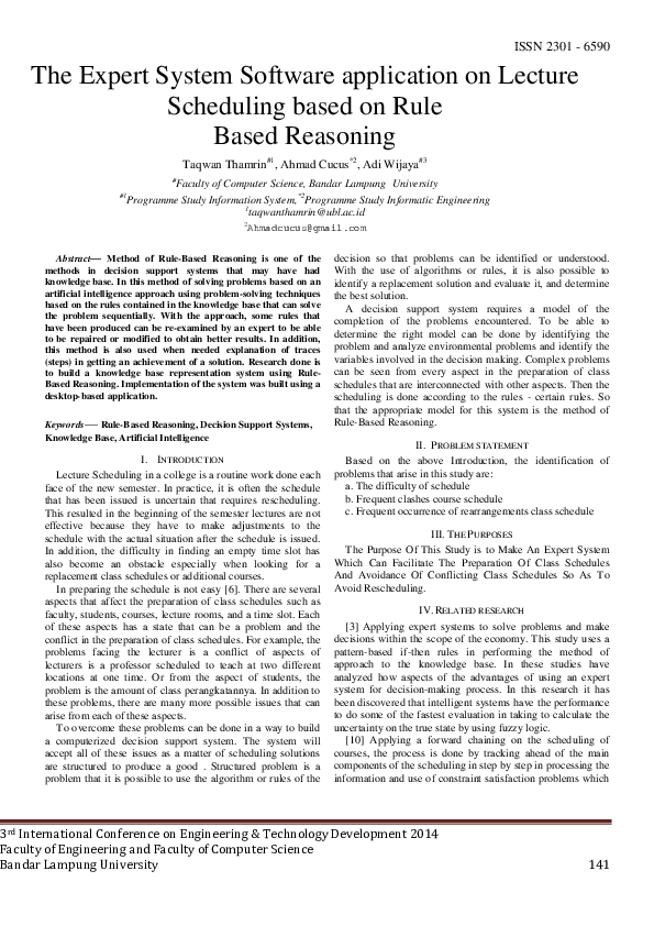 (PDF) The Expert System Software Application on Lecture Scheduling Based on Rule Based Reasoning