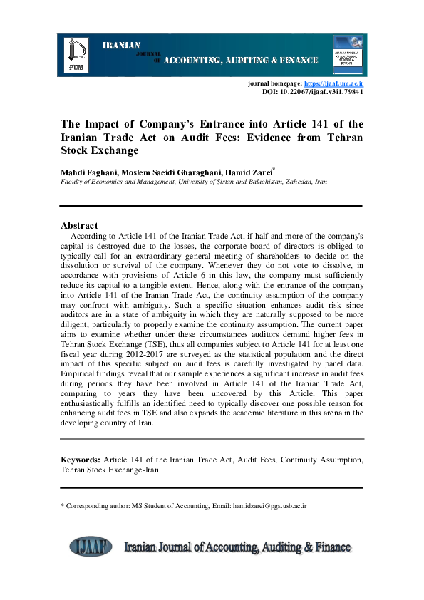 (PDF) The Impact of Company S Entrance Into Article 141 of the Iranian ...