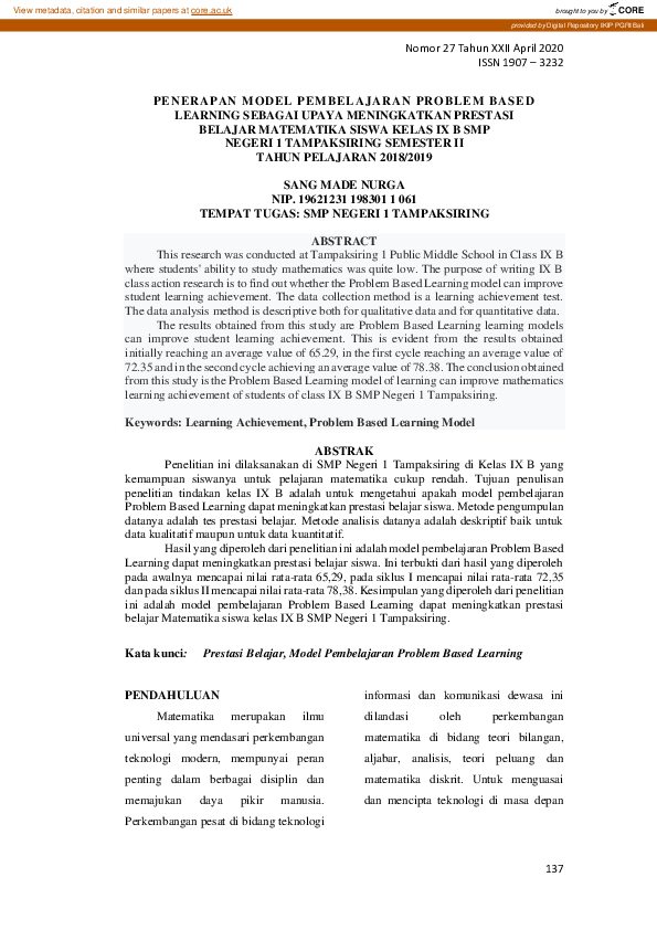 (PDF) Penerapan Model Pembelajaran Problem Based Learning (PBL) Dalam Upaya Meningkatkan ...