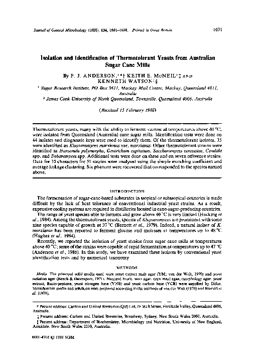 (PDF) Isolation and Identification of Thermotolerant Yeasts from Australian Sugar Cane Mills
