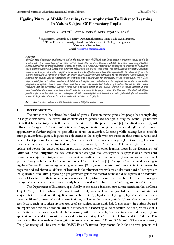 (PDF) Ugaling Pinoy: A Mobile Learning Game Application to Enhance Learning in Values Subject of ...