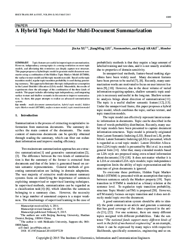 Pdf A Hybrid Topic Model For Multi Document Summarization Jiangming