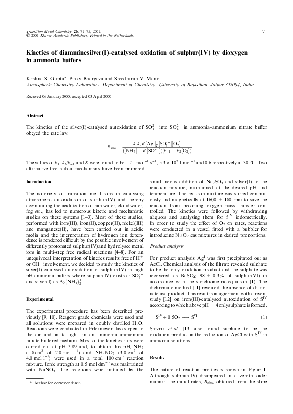 (PDF) Kinetics of diamminesilver(I)-catalysed oxidation of sulphur(IV ...