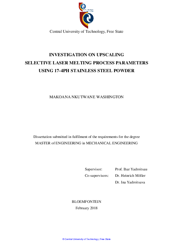 Pdf Investigation On Upscaling Selective Laser Melting Process Parameters Using 17 4 Ph