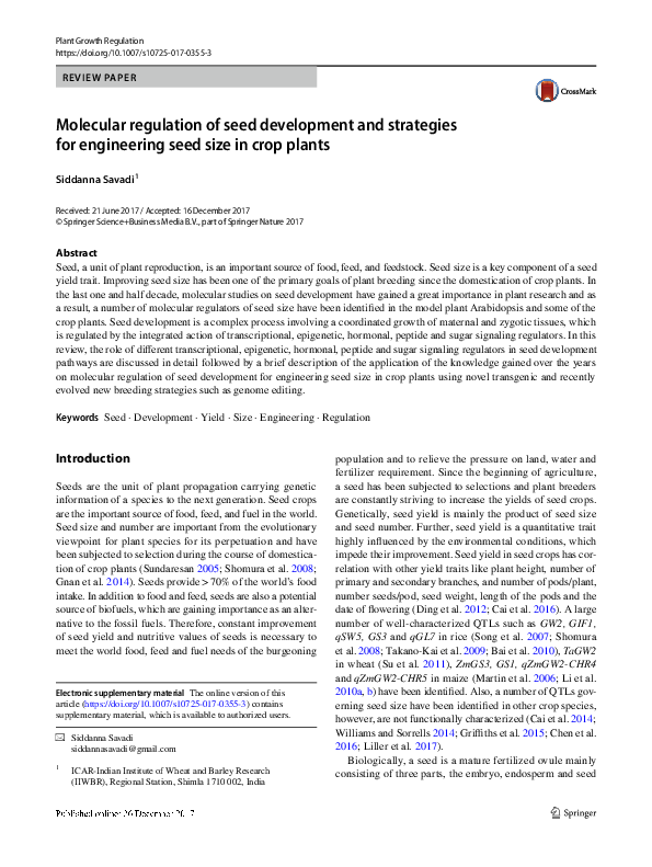 (PDF) Molecular regulation of seed development and strategies for engineering seed size in crop ...