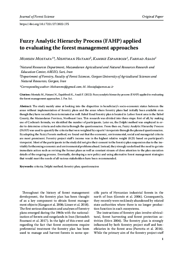 (PDF) Fuzzy Analytic Hierarchy Process (FAHP) applied to evaluating the forest management approaches