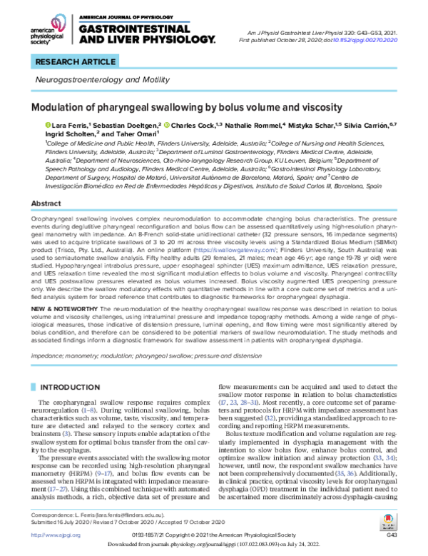 (PDF) Modulation of pharyngeal swallowing by bolus volume and viscosity