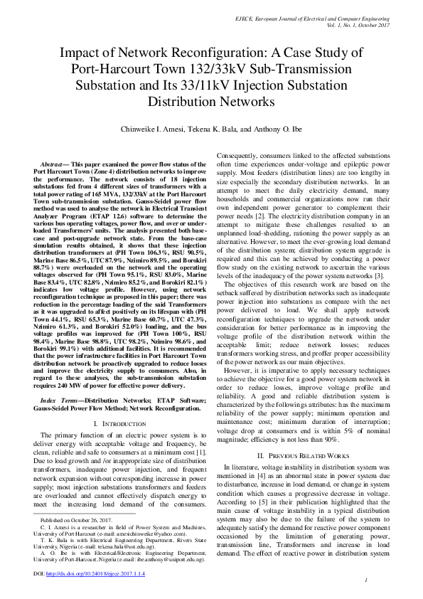 (PDF) Impact of Network Reconfiguration: Case Study of Port-Harcourt Town 132/33kV Sub ...