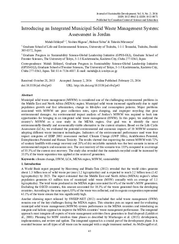 (PDF) Introducing an Integrated Municipal Solid Waste Management System: Assessment in Jordan