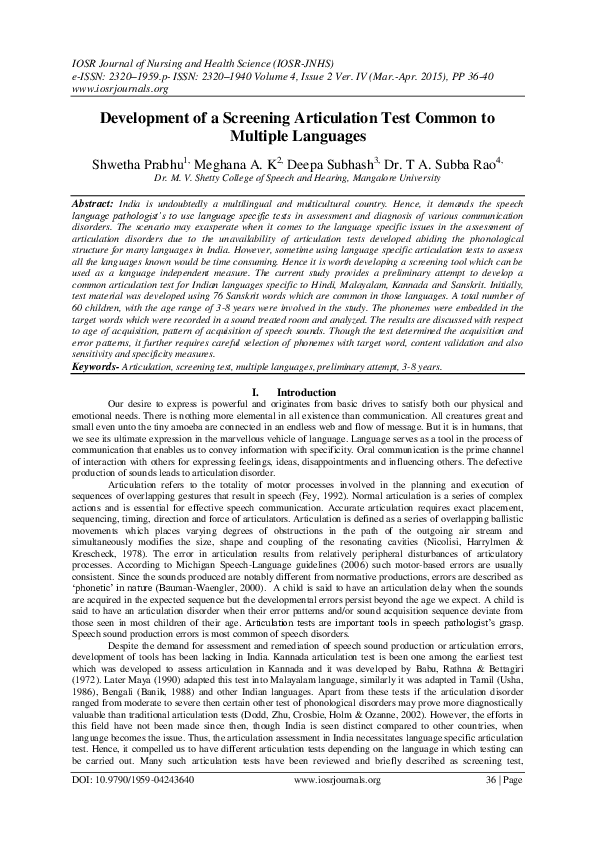 (PDF) Development of a Screening Articulation Test Common to Multiple ...