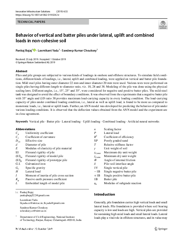 (PDF) Behavior of vertical and batter piles under lateral, uplift and combined loads in non ...