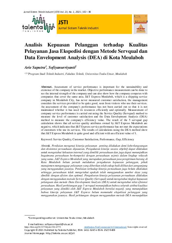 (PDF) Analisis Kepuasan Pelanggan terhadap Kualitas Pelayanan Jasa Ekspedisi dengan Metode ...