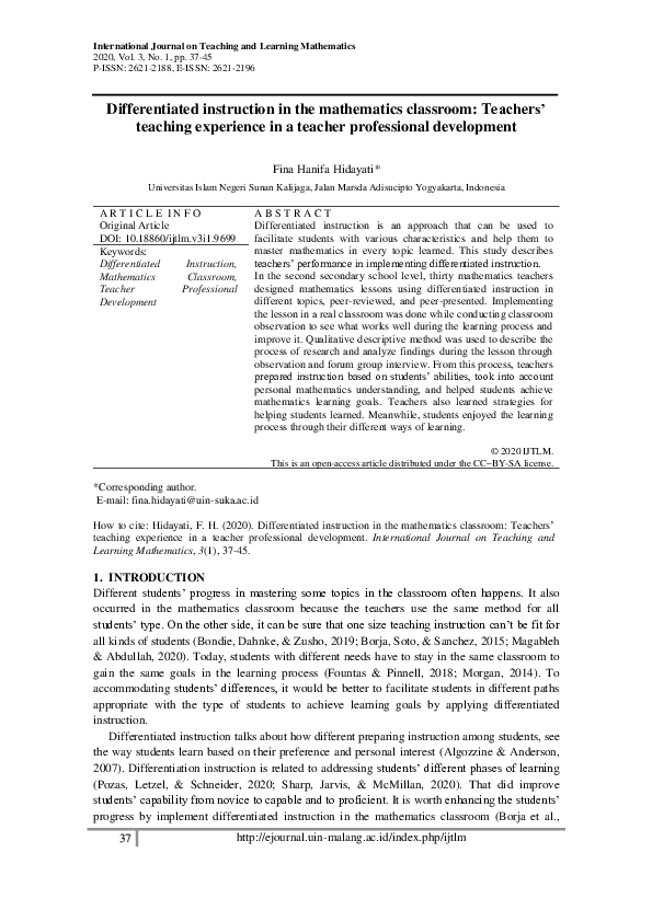 (PDF) Differentiated instruction in the mathematics classroom: Teachers’ teaching experience in ...