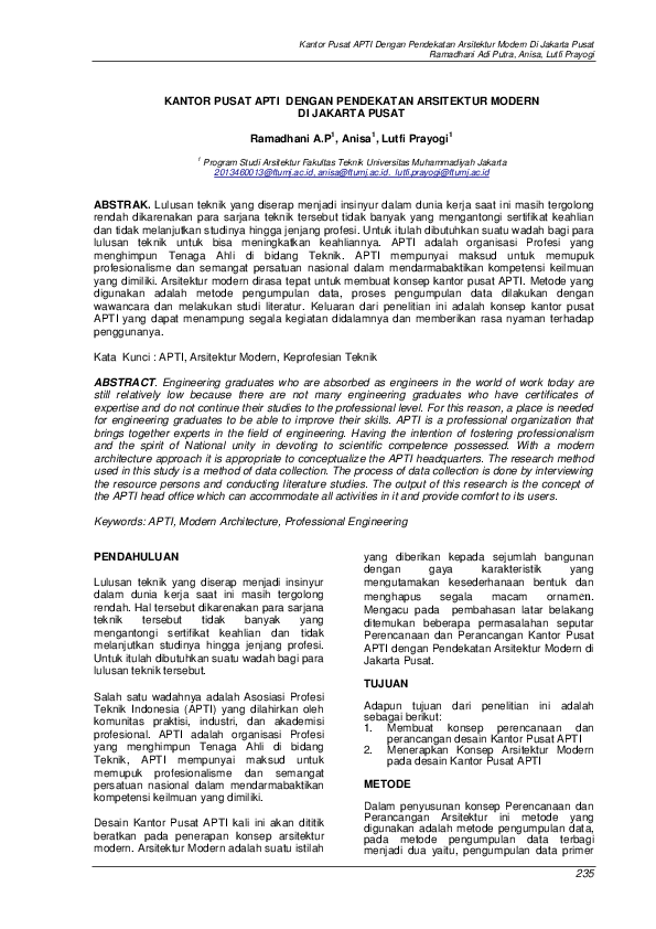 (PDF) Kantor Pusat APTI Dengan Pendekatan Arsitektur Modern di Jakarta Pusat