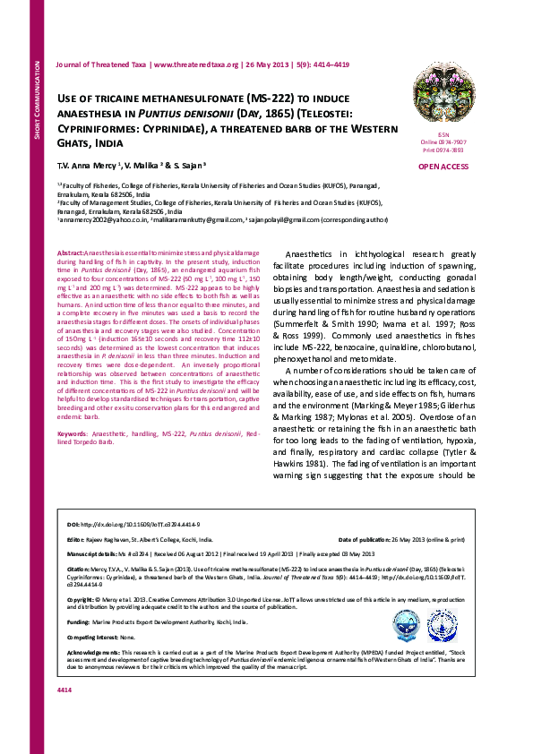 (PDF) Use of tricaine methanesulfonate (MS-222) to induce anaesthesia ...