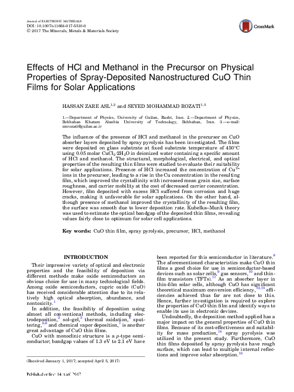 (PDF) Effects of HCl and Methanol in the Precursor on Physical Properties of Spray-Deposited ...