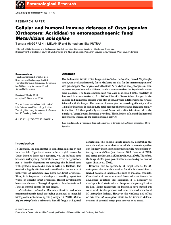 (PDF) Cellular and humoral immune defenses of Oxya japonica (Orthoptera ...