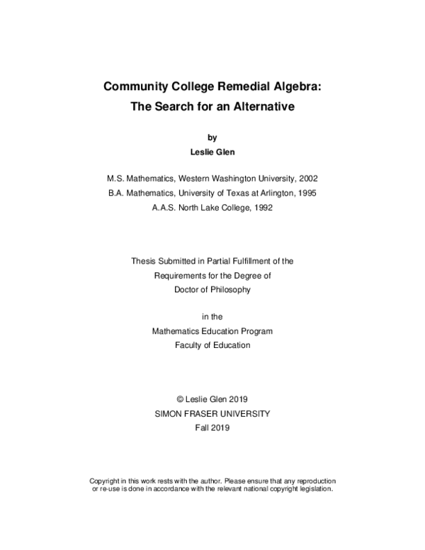 (PDF) Community college remedial algebra: The search for an alternative ...