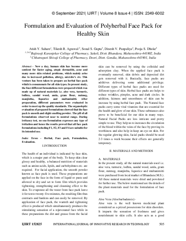 (PDF) Formulation and Evaluation of Polyherbal Face Pack for Healthy Skin