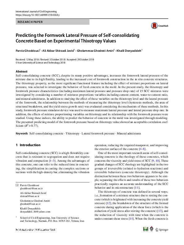 Pdf Predicting The Formwork Lateral Pressure Of Self Consolidating Concrete Based On