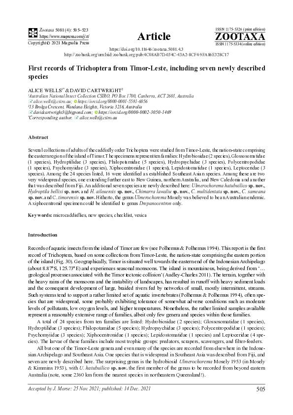 (PDF) First records of Trichoptera from Timor-Leste, including seven ...
