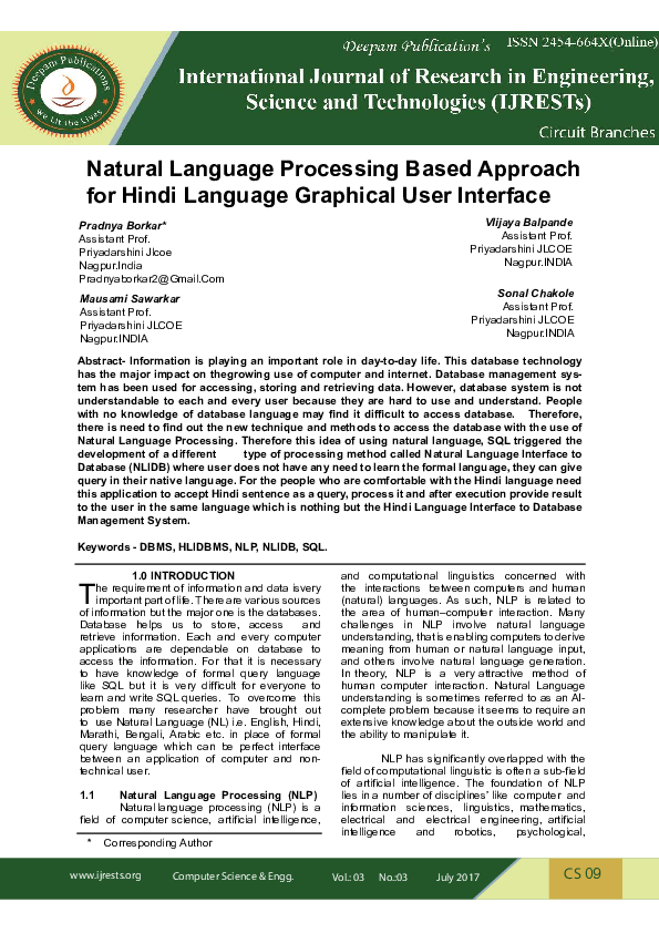 (PDF) Rao&Rao Natural Language Processing Based Approach for Hindi Language Graphical User Interface