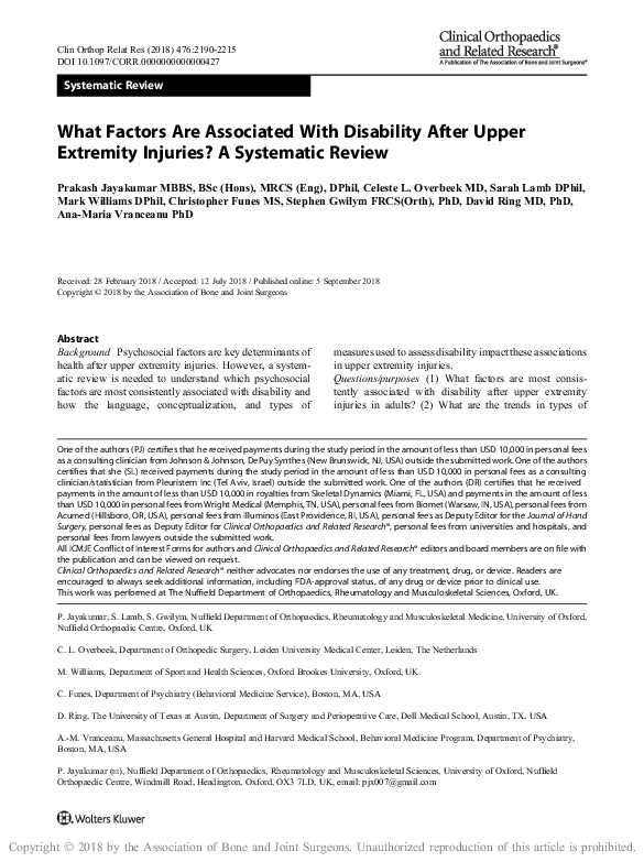 (PDF) What Factors Are Associated With Disability After Upper Extremity ...
