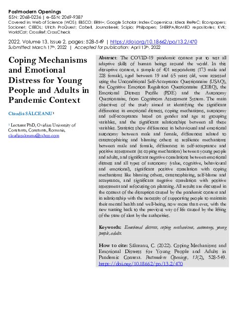 (PDF) Coping Mechanisms and Emotional Distress for Young People and Adults in Pandemic Context