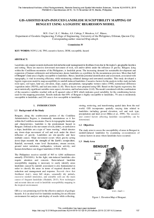 (PDF) Gis-Assisted Rain-Induced Landslide Susceptibility Mapping of Benguet Using a Logistic ...