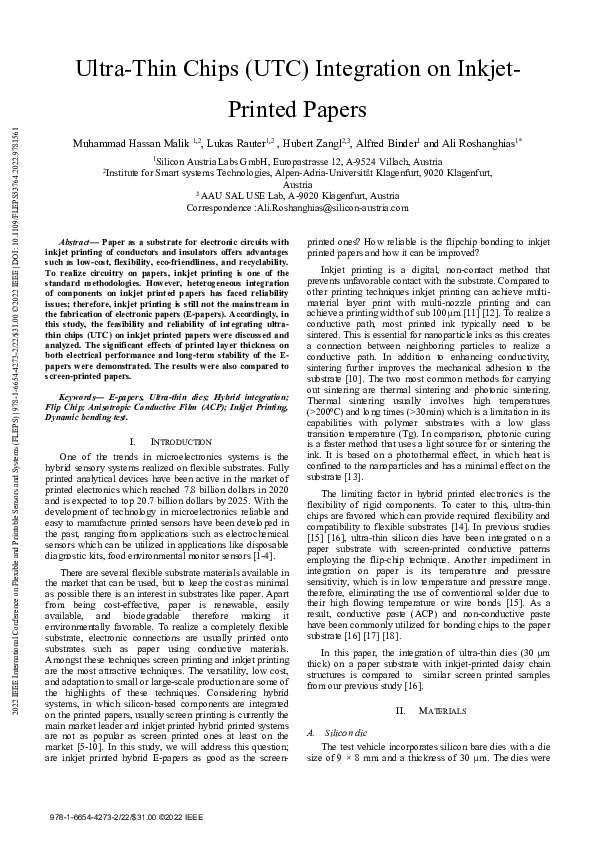 (PDF) Ultra-Thin Chips (UTC) Integration on Inkjet-Printed Papers