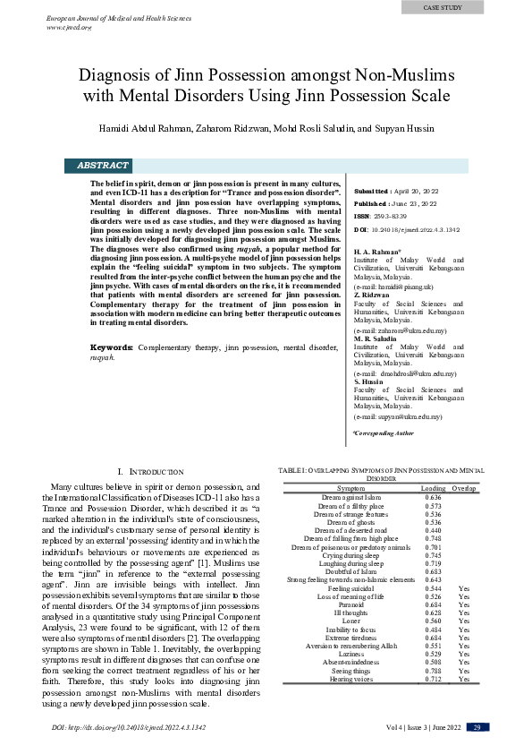 (PDF) Diagnosis of Jinn Possession amongst Non-Muslims with Mental ...