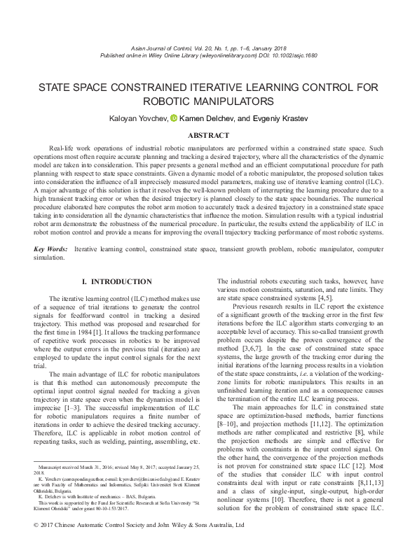 Pdf State Space Constrained Iterative Learning Control For Robotic Manipulators Kamen 