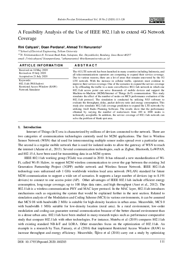 (PDF) A Feasibility Analysis of the Use of IEEE 802.11ah to extend 4G Network Coverage | rini ...