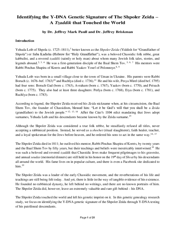 (PDF) Identifying the Y-DNA Genetic Signature of the Shpoler Zeida – A ...