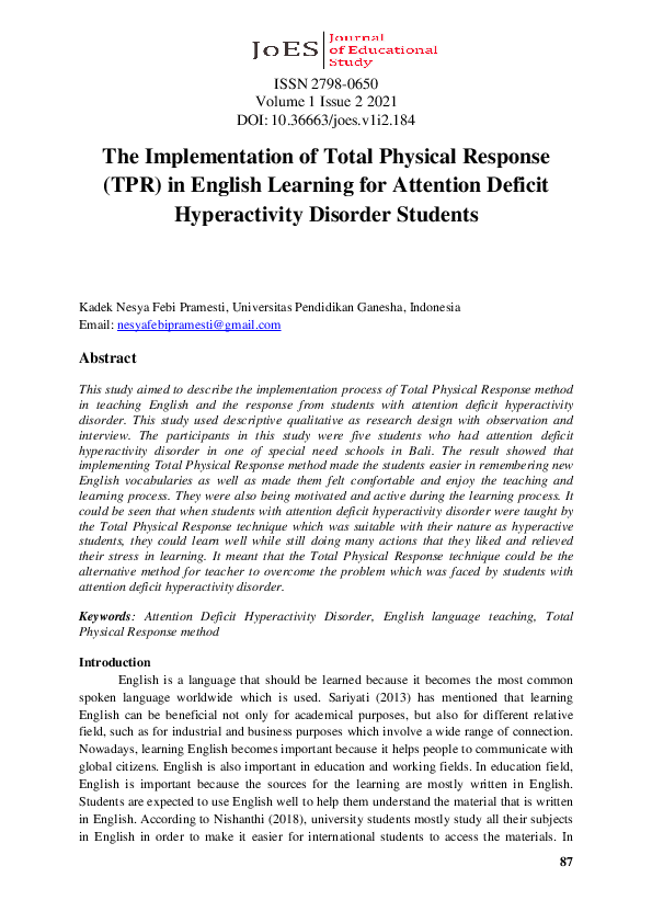 (PDF) Implementation of Total Physical Response (TPR) in English ...